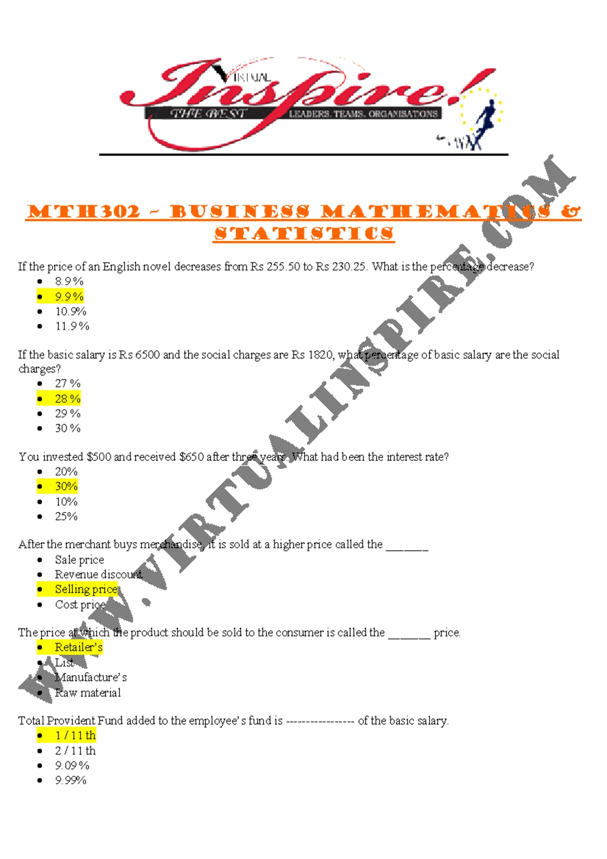 MTH302 Solved MCQs Alotof Solved MCQsof MTH 302inonef - Mth302 - Business Mathematics (Online ...