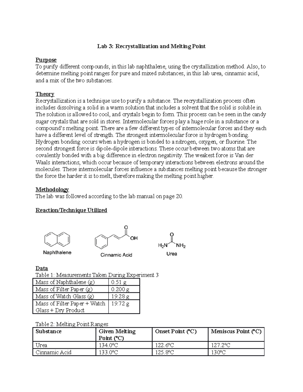 Experiment 3 Lab Report: Recrystallization & Melting Points Analysis ...