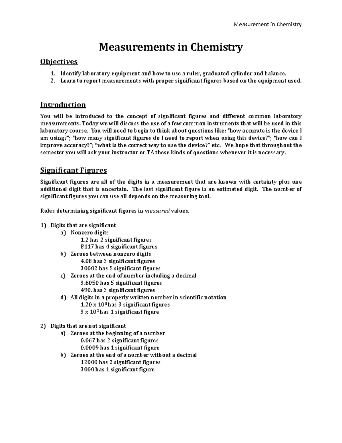 CHEM 101: Measurements and Significant Figures in Chemistry Lab - Studocu