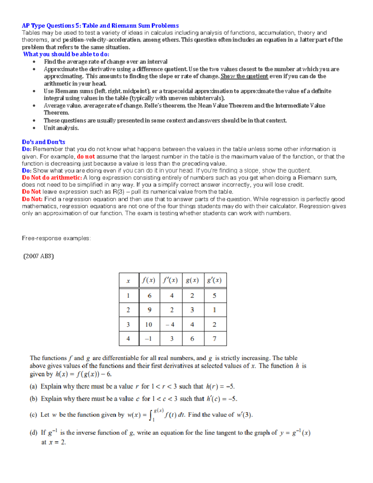 AP Type Questions 5 (Table and Riemann Sum Problems) - AP Type ...