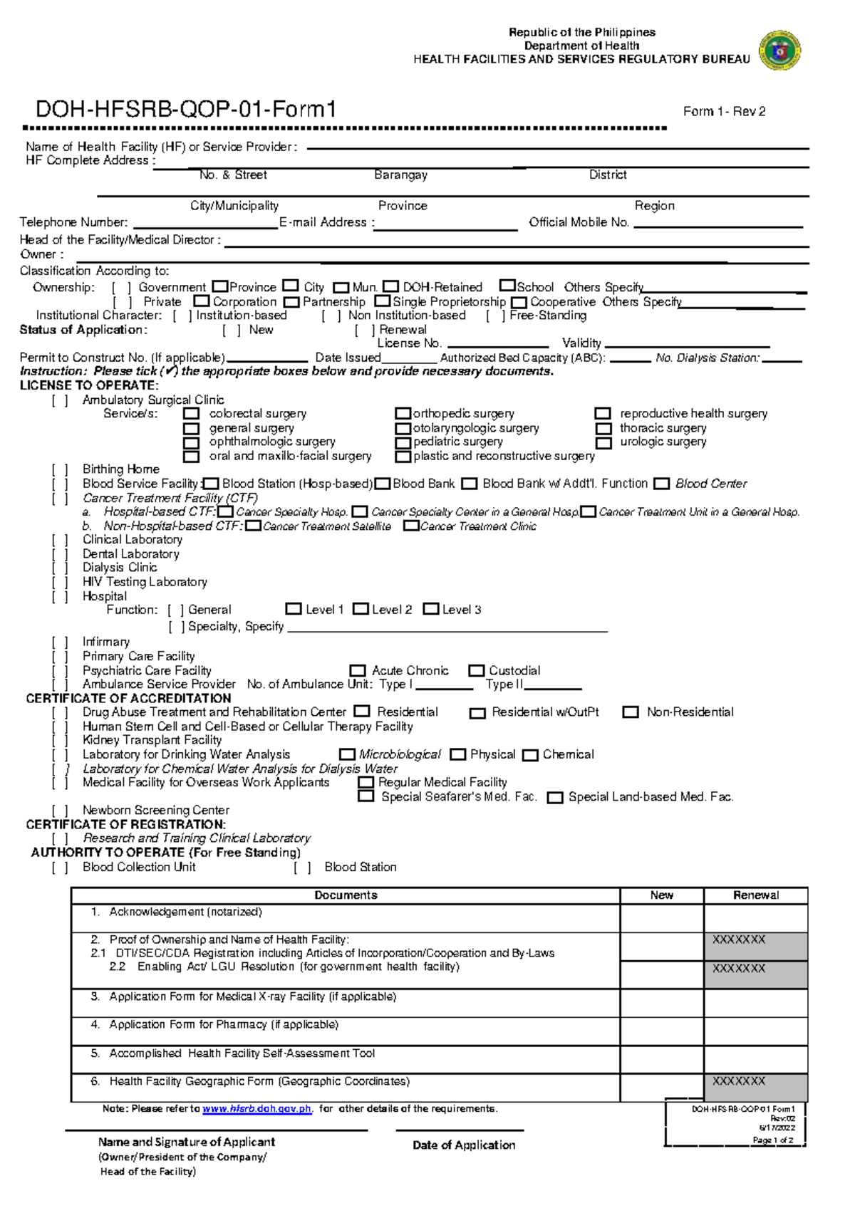 DOH-HFSRB-QOP-01 Form 1: Health Facility Application Revision 2 - Studocu