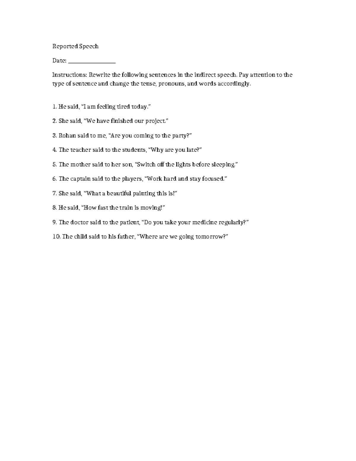 Reported Speech Worksheet 6 Oct - Na. Mn - Studocu