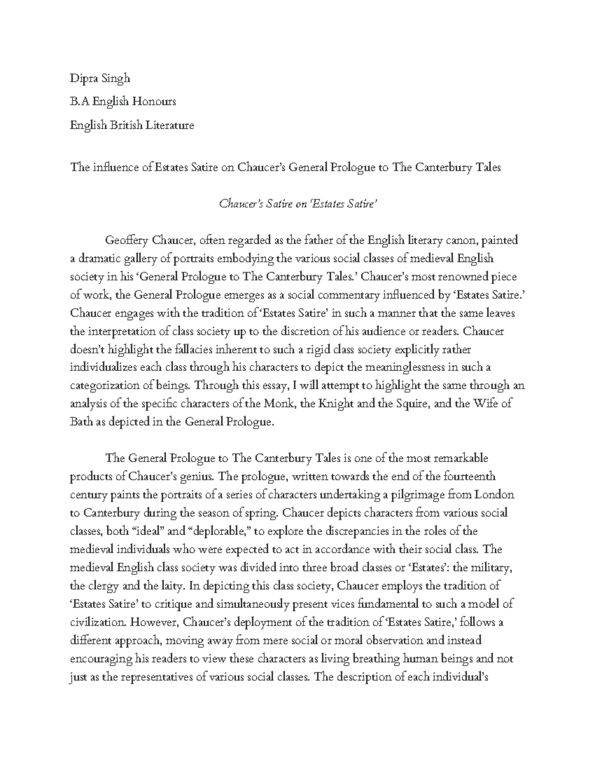 B.A. English Honours: Estates Satire in Chaucer's General Prologue ...
