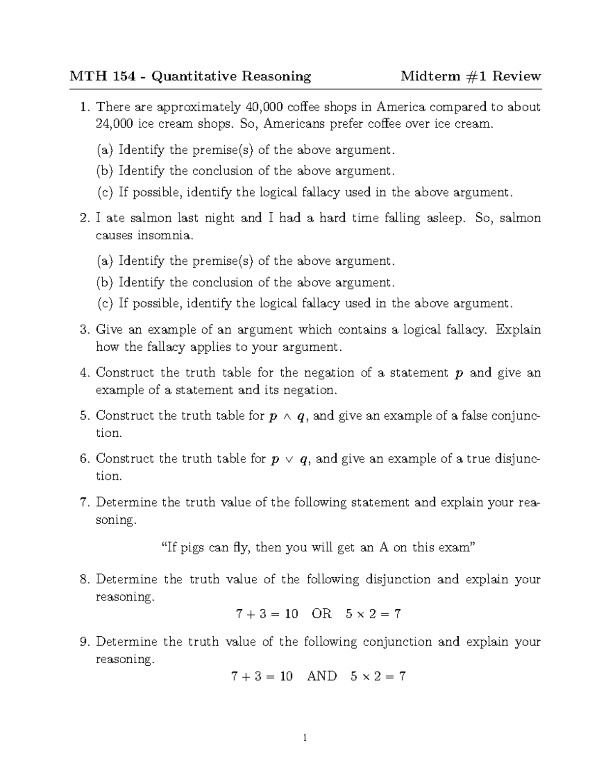 MTH 154 - Quantitative Reasoning Midterm #1 Review Notes - Studocu