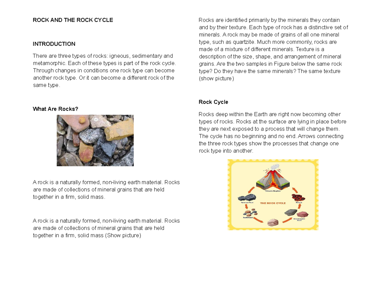 ROCKS AND THE ROCK CYCLE: INTRODUCTION TO GEOLOGY 101 - Studocu