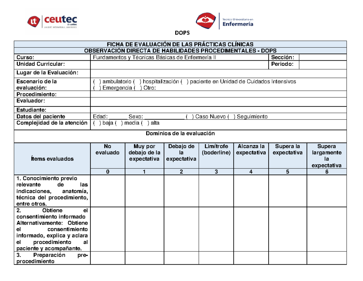 DOPS Rubric for Clinical Skills Evaluation - Fundamentals of Nursing II ...