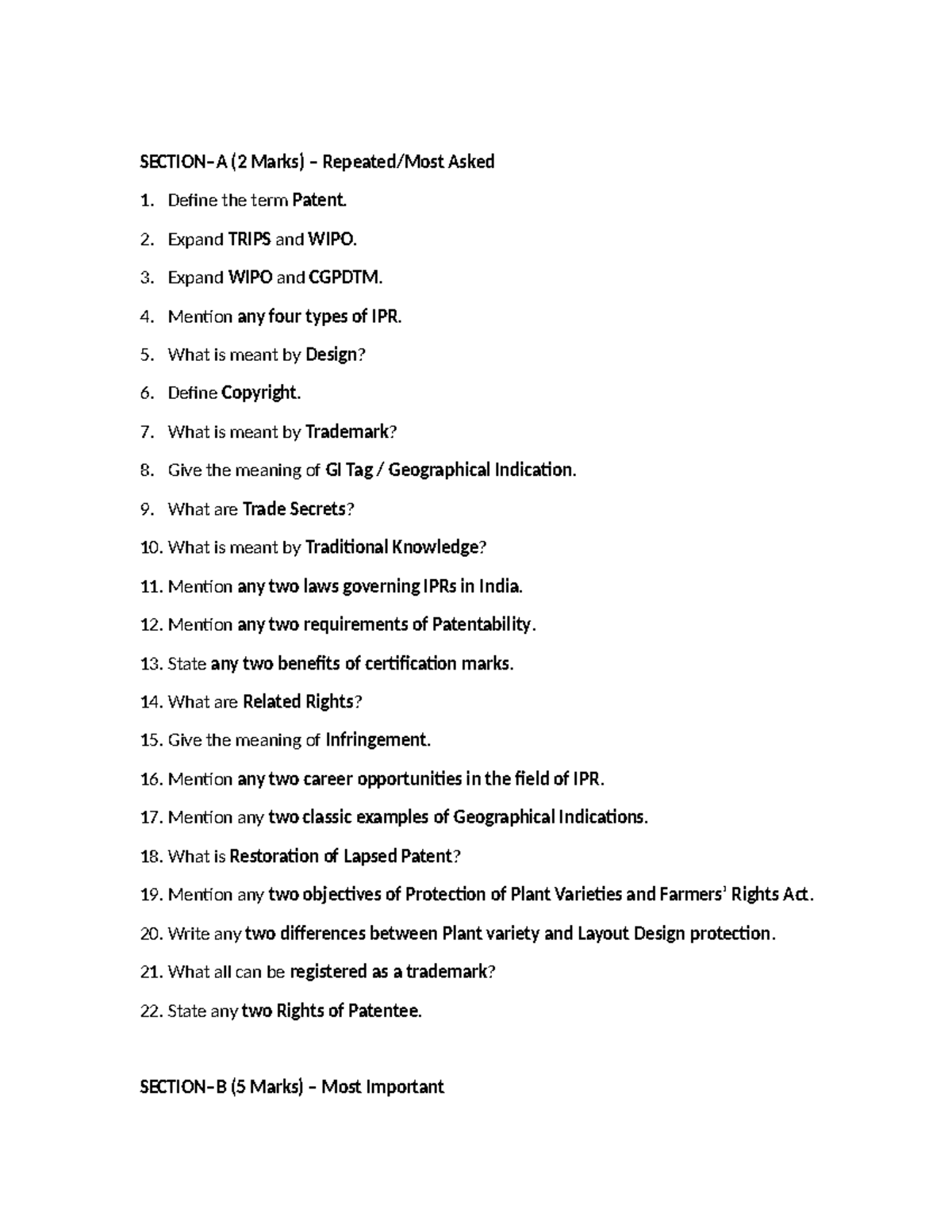 Intellectual Property Rights (IPR) Important Questions for Exam - Studocu