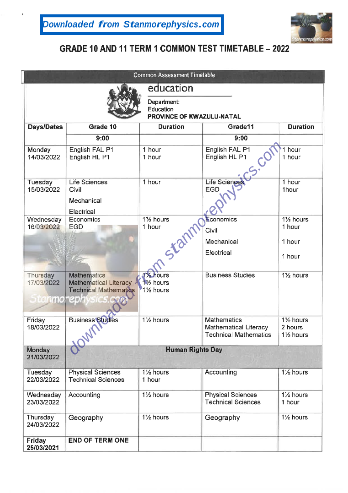 2022 Common Test Time Table for Grade 1011 and 12 - Downloaded from ...