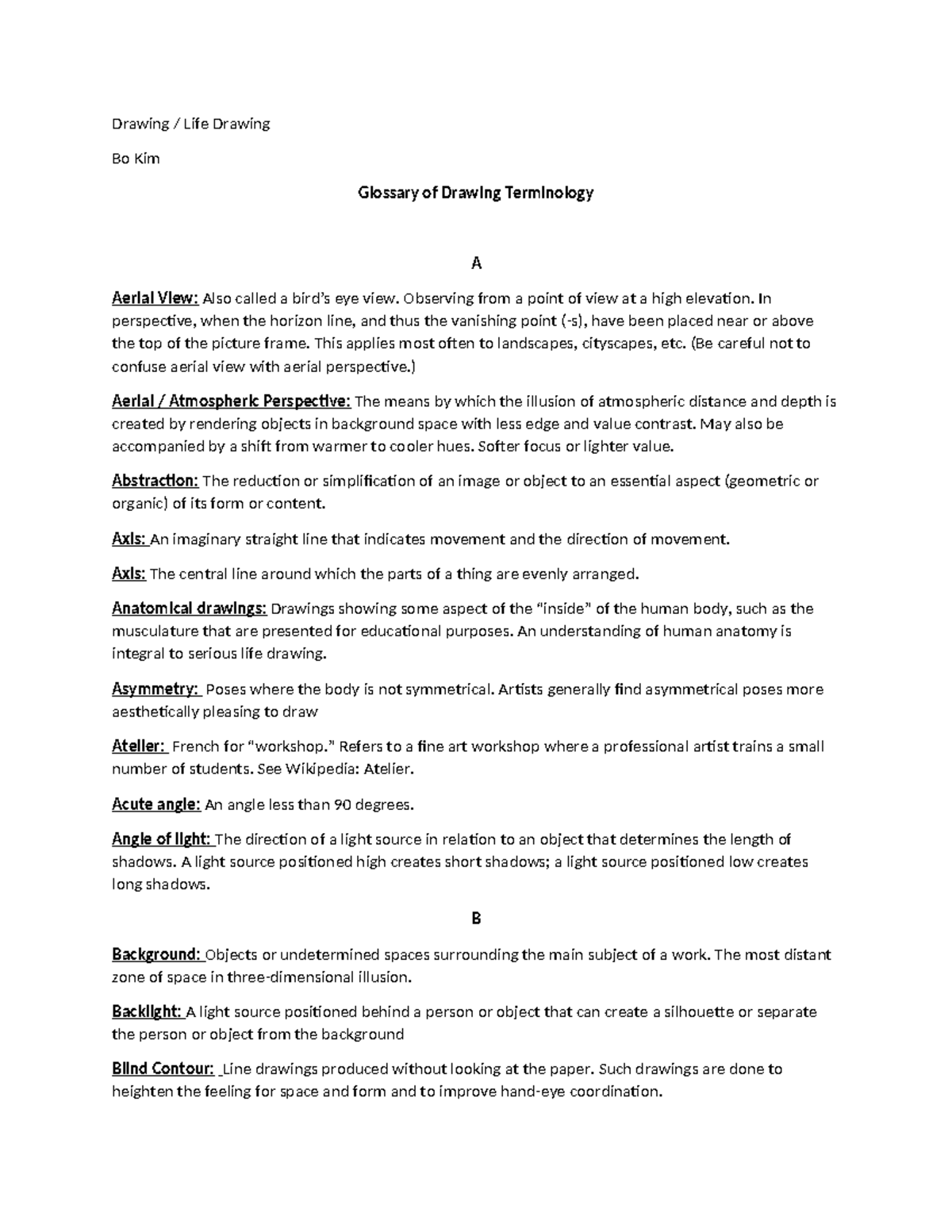 Glossary of Drawing Terminology for Life Drawing (ART 101) - Studocu