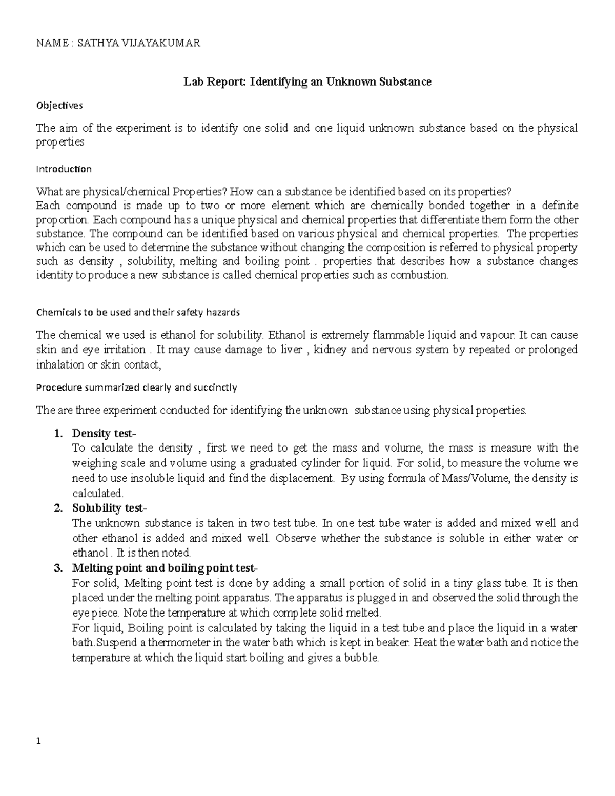 Lab Report (Chem 101) - Identifying Unknown Solid & Liquid Substances ...
