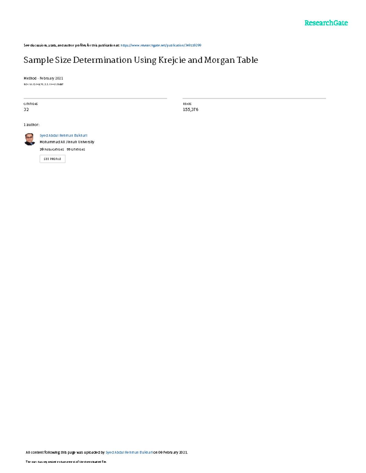 Sample Size Determination Using Krejcie & Morgan Table (Stat 101) - Studocu