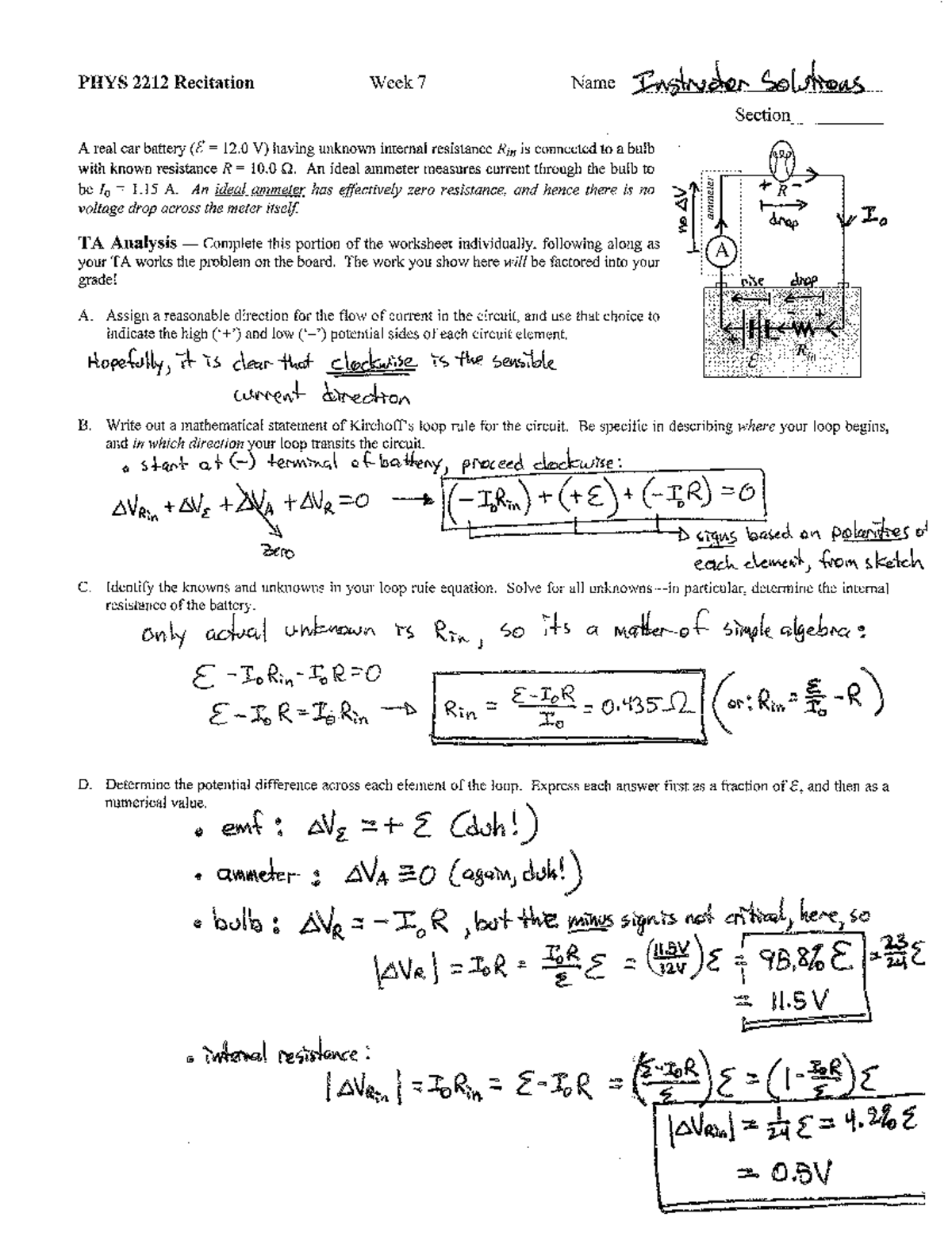 Physics 2212 - DC Circuits - PHYS 2212 Recitation Week 7 Name Instructor Solutions Section A ...
