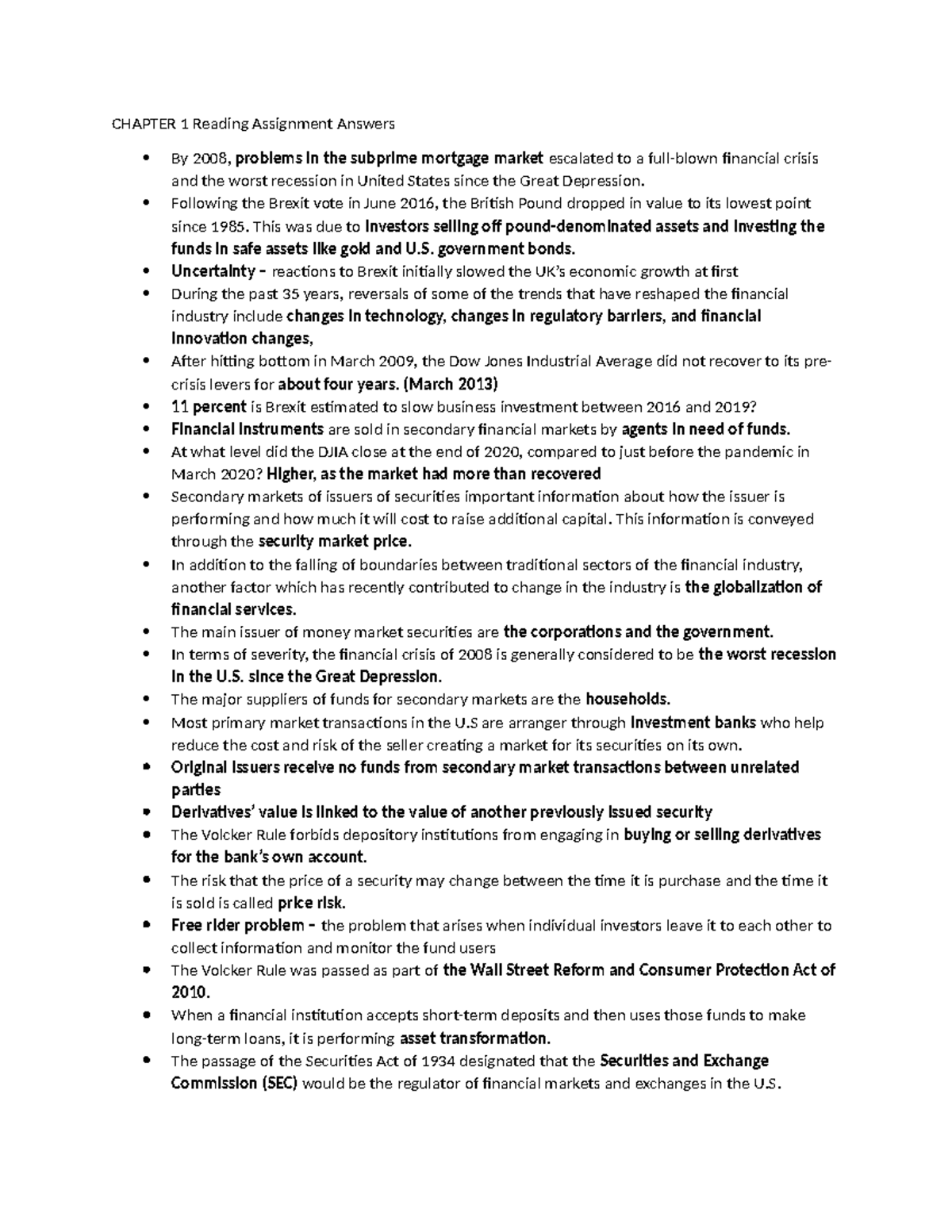 CHAPTER 1 Reading Assignment Answers: Financial Crisis Insights - Studocu