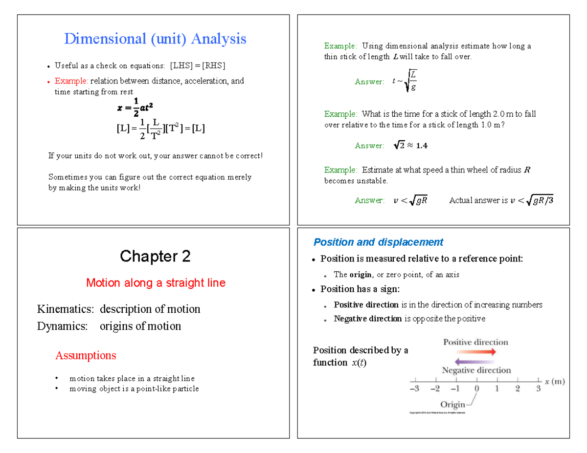 Lecture 2: Dimensional Analysis and Kinematics Concepts - Studocu