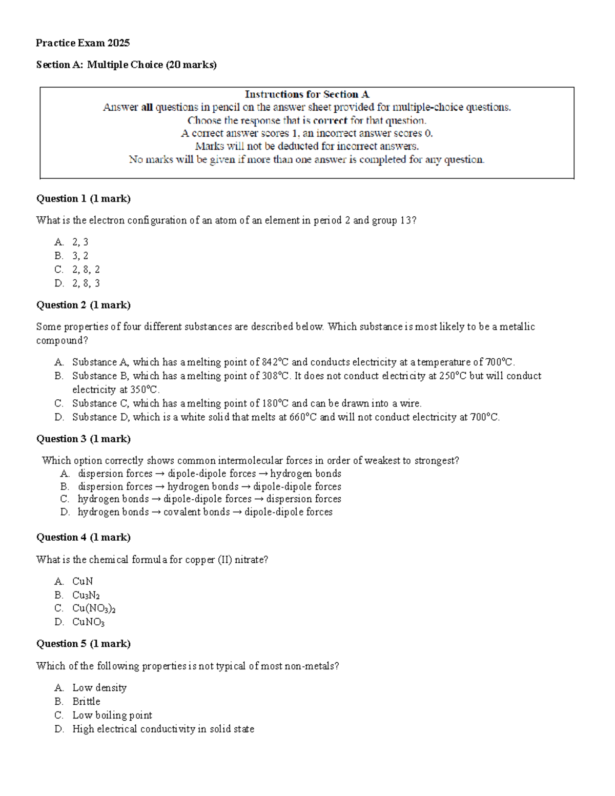 Chemistry 11 Sem 1 2025 Practice Exam: Multiple Choice & Short Answer ...