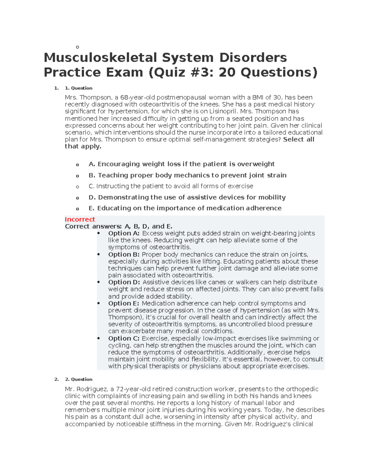 Musculoskeletal System Disorders Practice Quiz #3: 20 Questions - Studocu