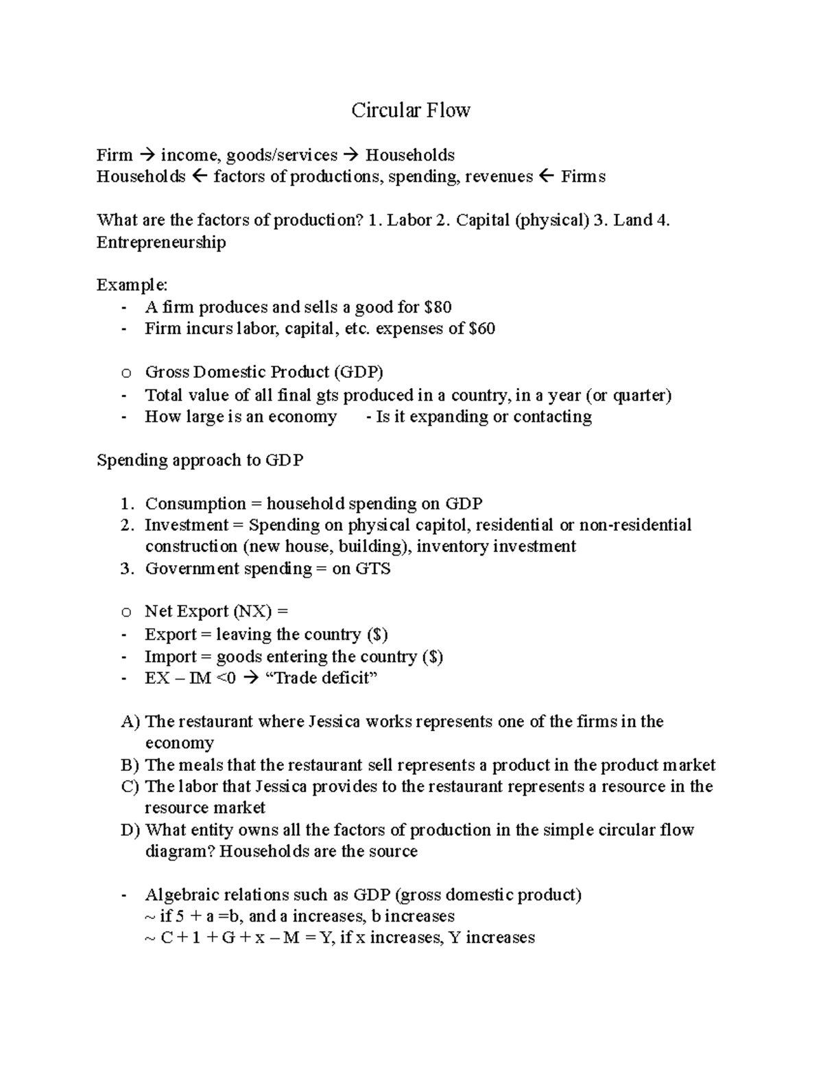 Circular Flow notes - Circular Flow Firm income, goods/services ...