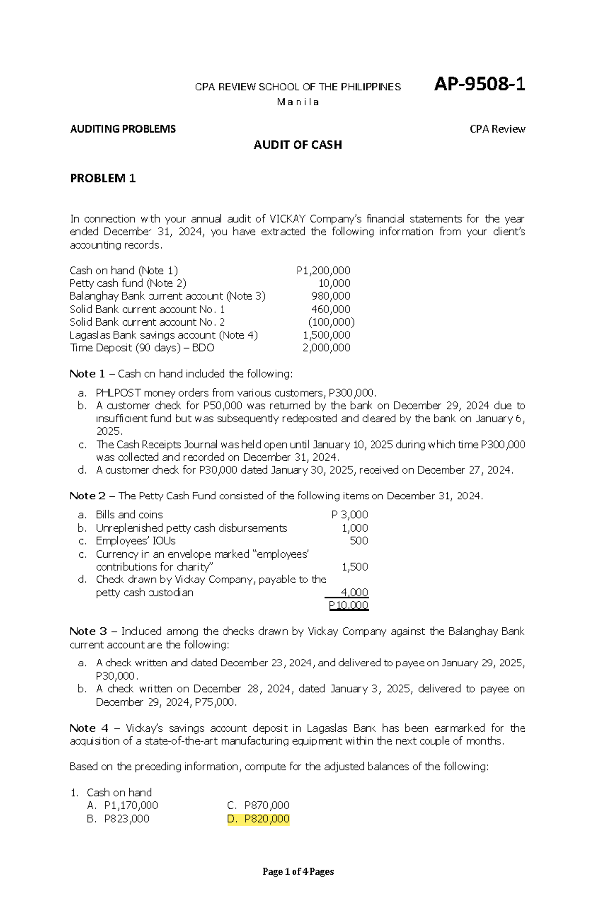 AP9508 AUDIT OF CASH PRACTICE PROBLEMS SOLUTION - Studocu