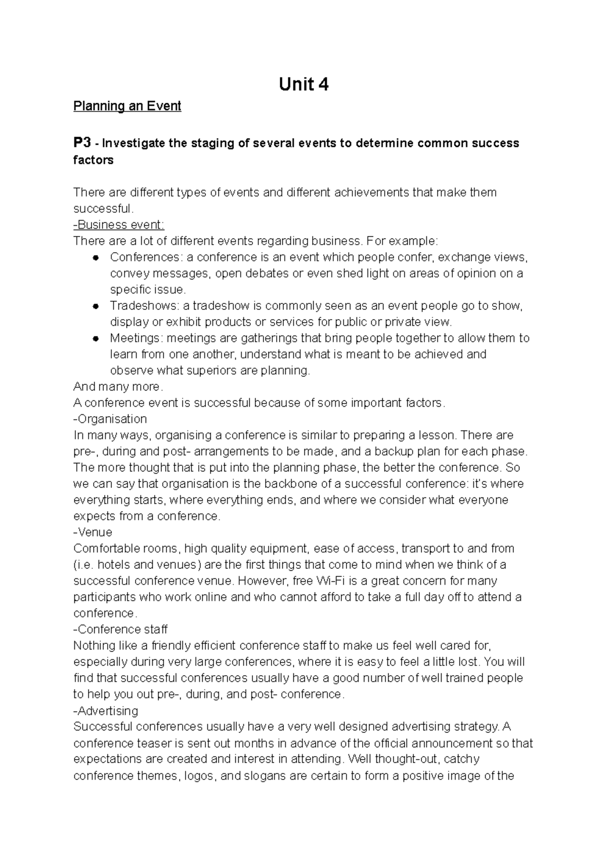 Unit 4 P3 - Pearson BTEC Level 3 National Diploma in Business Unit 4: Managing an Event - Unit 4 ...