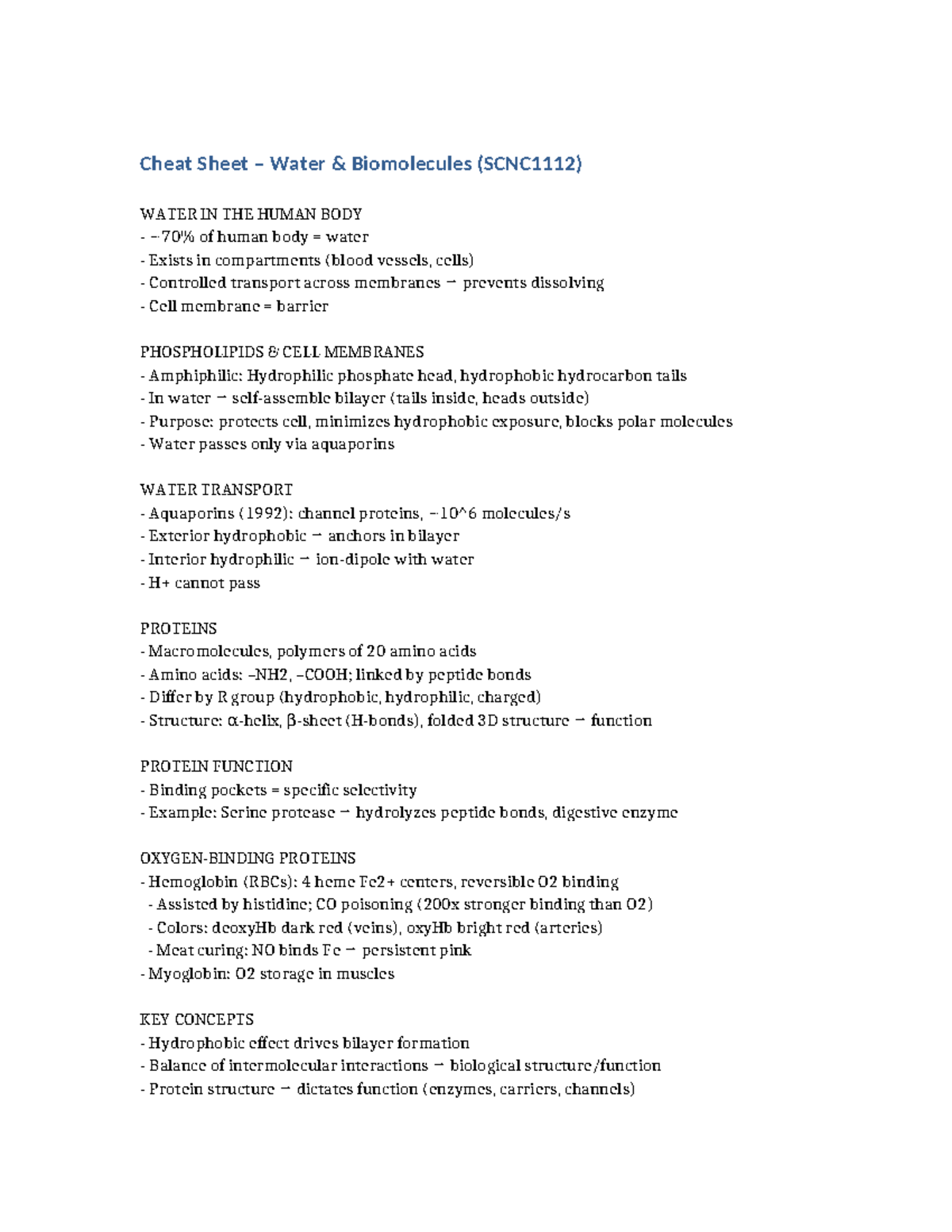 Cheat Sheet: Water Biomolecules in the Human Body - Studocu
