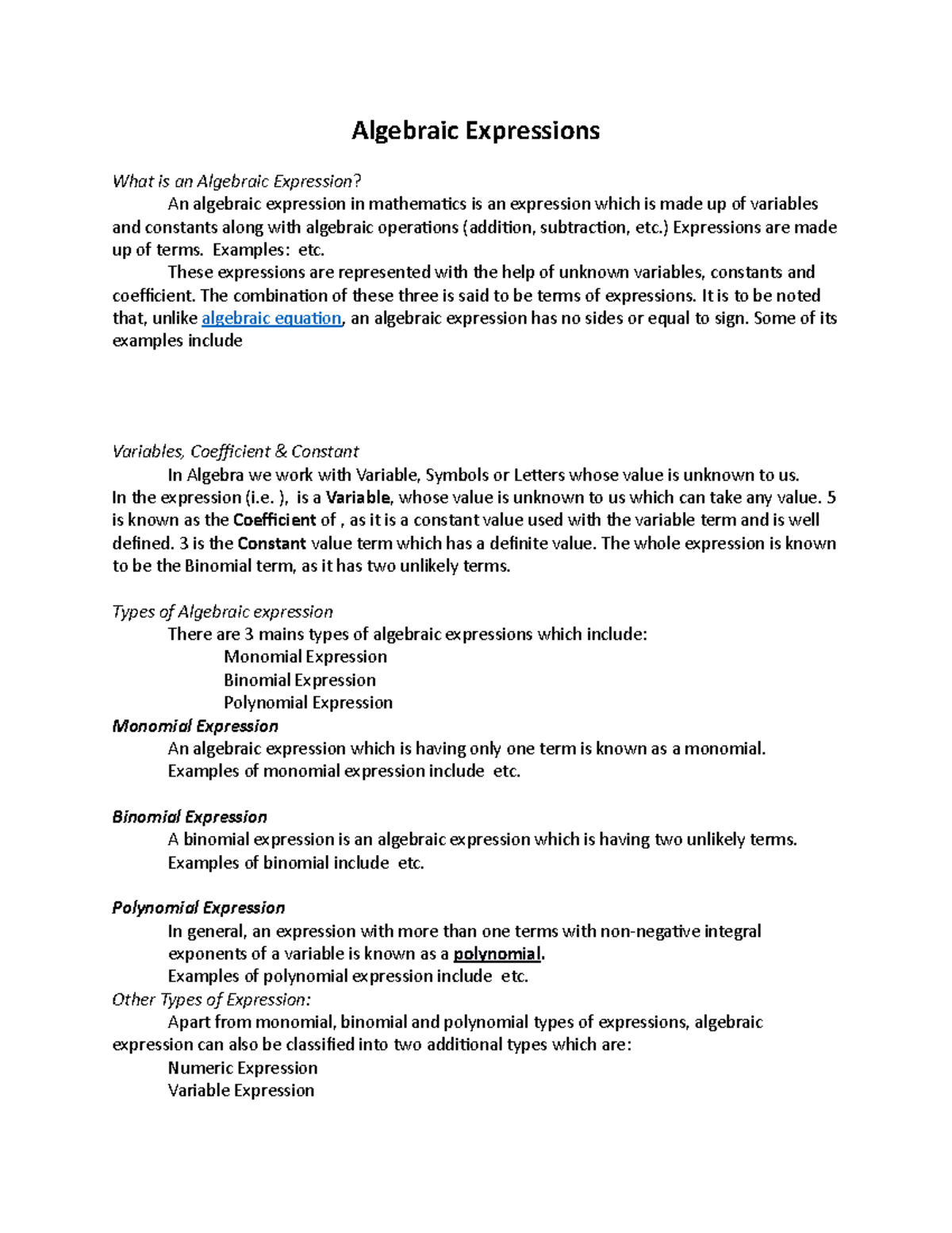 Algebraic Expressions - Types, Operations, and Simplification ...