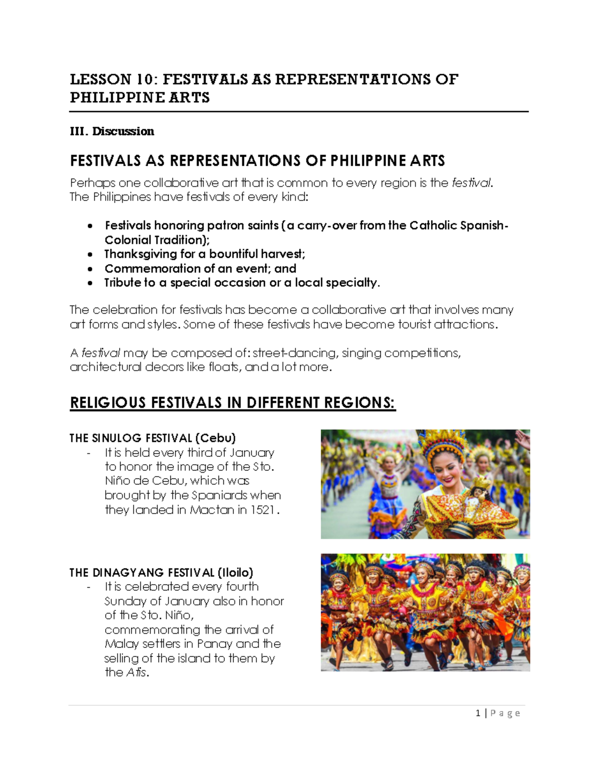 L10 CPAR Lesson - Festivals as Expressions of Philippine Arts - Studocu