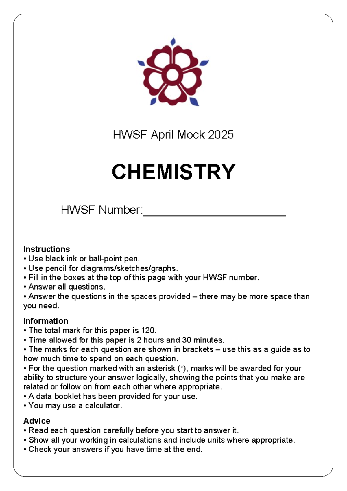 April Mock 2025 Chemistry Exam Questions and Instructions - Studocu
