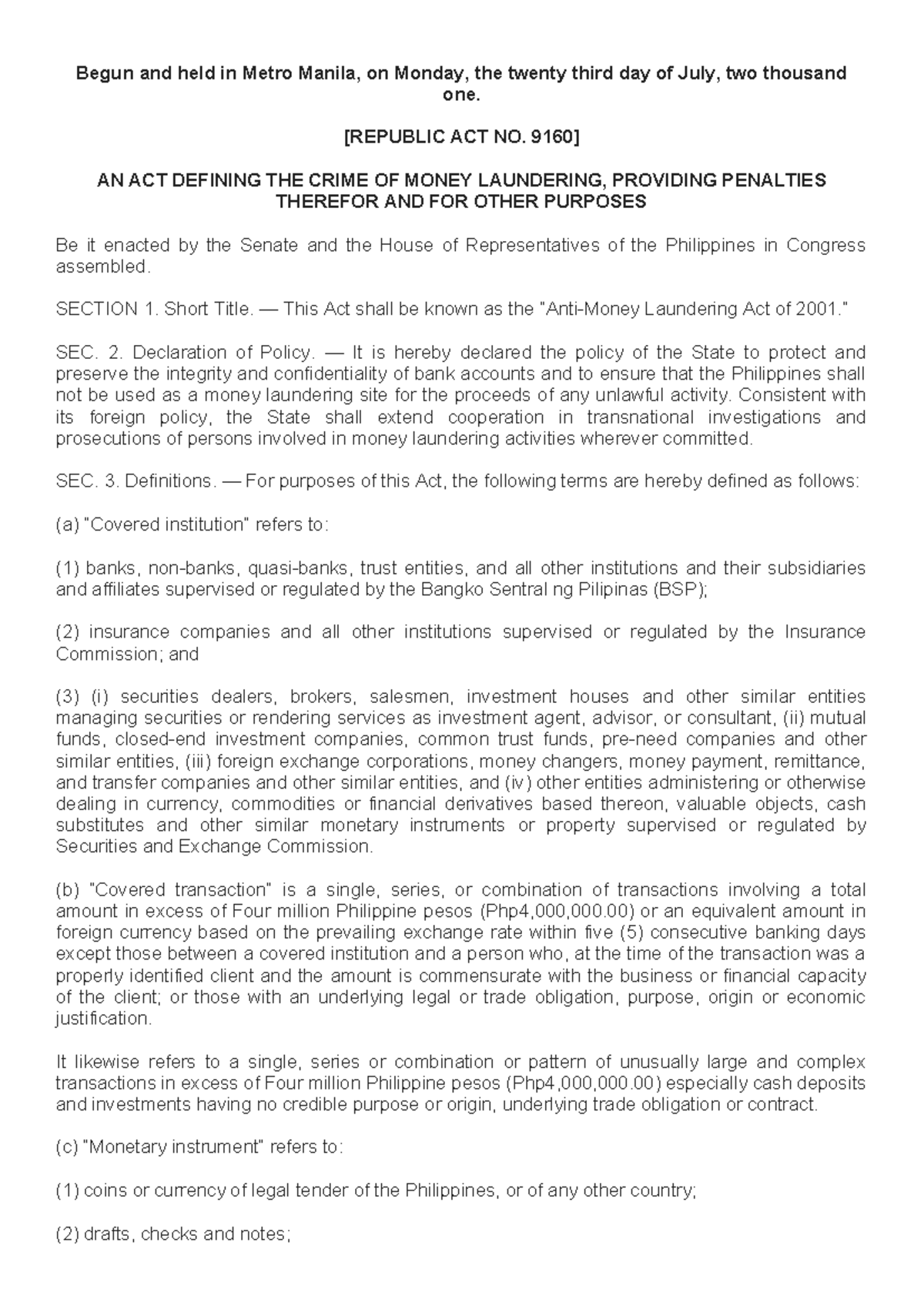 AMLA - Anti Money Laundering Act Overview and Provisions - Studocu