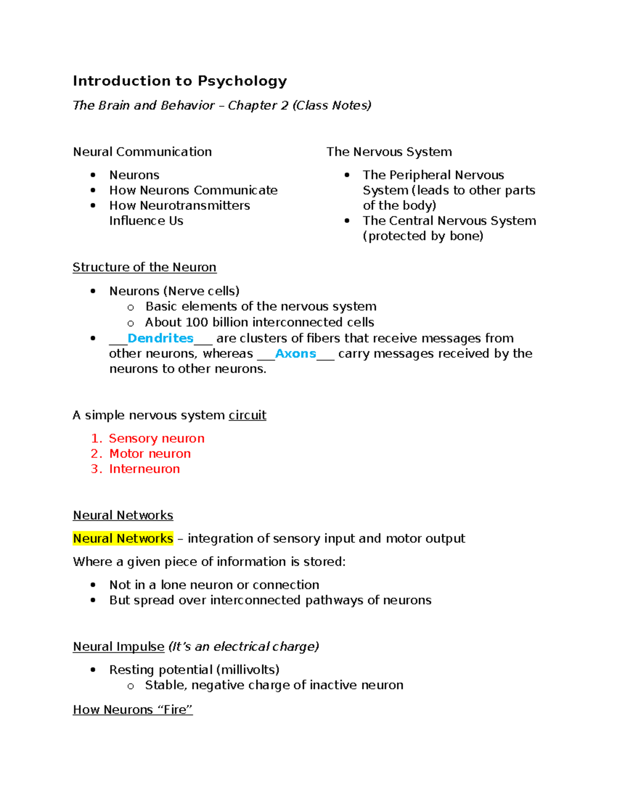 The Brain and Behavior (Psychology 101, Chapter 2 Class Notes) - Studocu