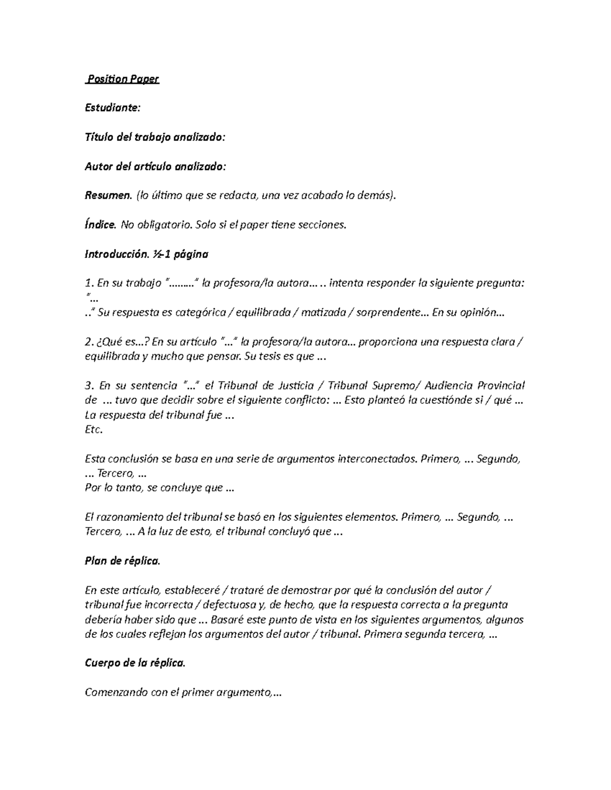 Modelo de Position Paper: Análisis Crítico y Argumentos - Studocu