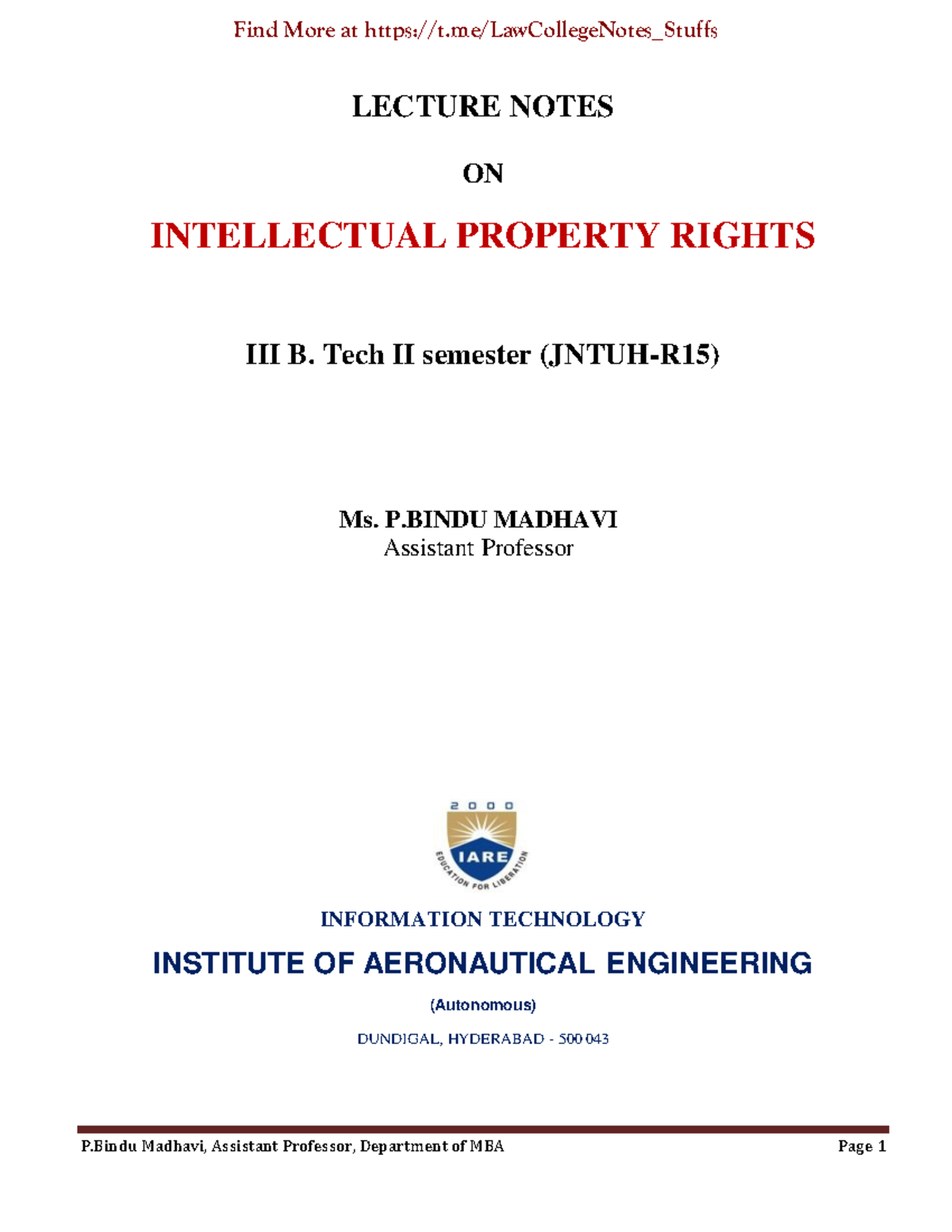 IPR , intellectual property - LECTURE NOTES ON INTELLECTUAL PROPERTY ...
