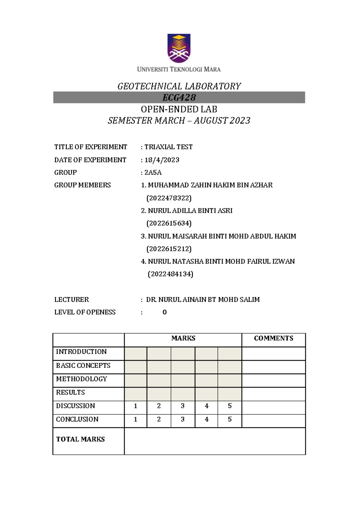 GEOTECHNICAL LAB ECG428 LAB 6: TRIAXIAL TEST REPORT 2A5A - Studocu