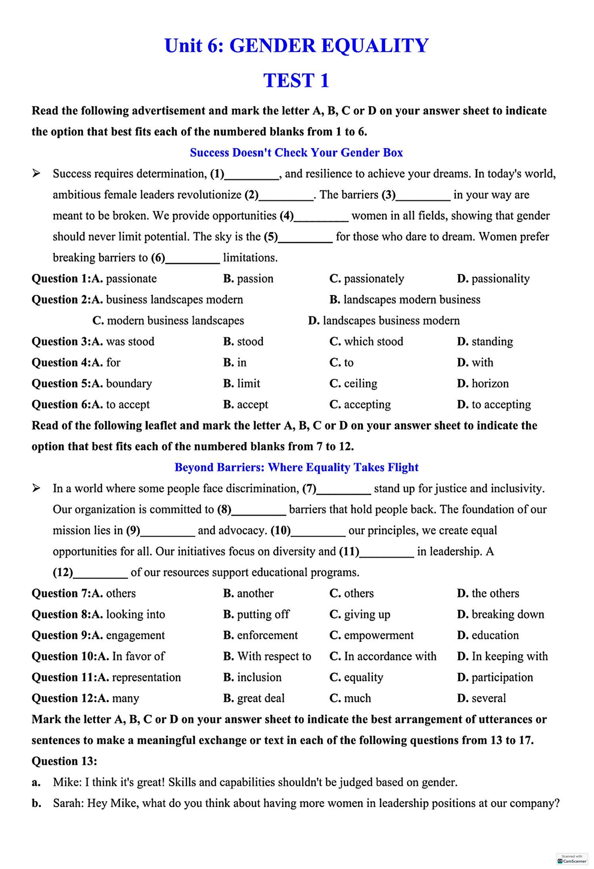 Unit 6: GENDER EQUALITY TEST 1 - Fill in the Blanks & Comprehension ...