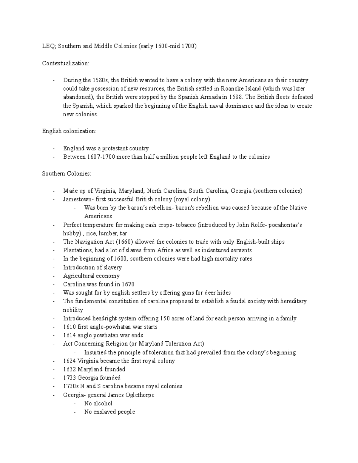 LEQ; Analyzing Southern and Middle Colonies (1600-1700) - Studocu