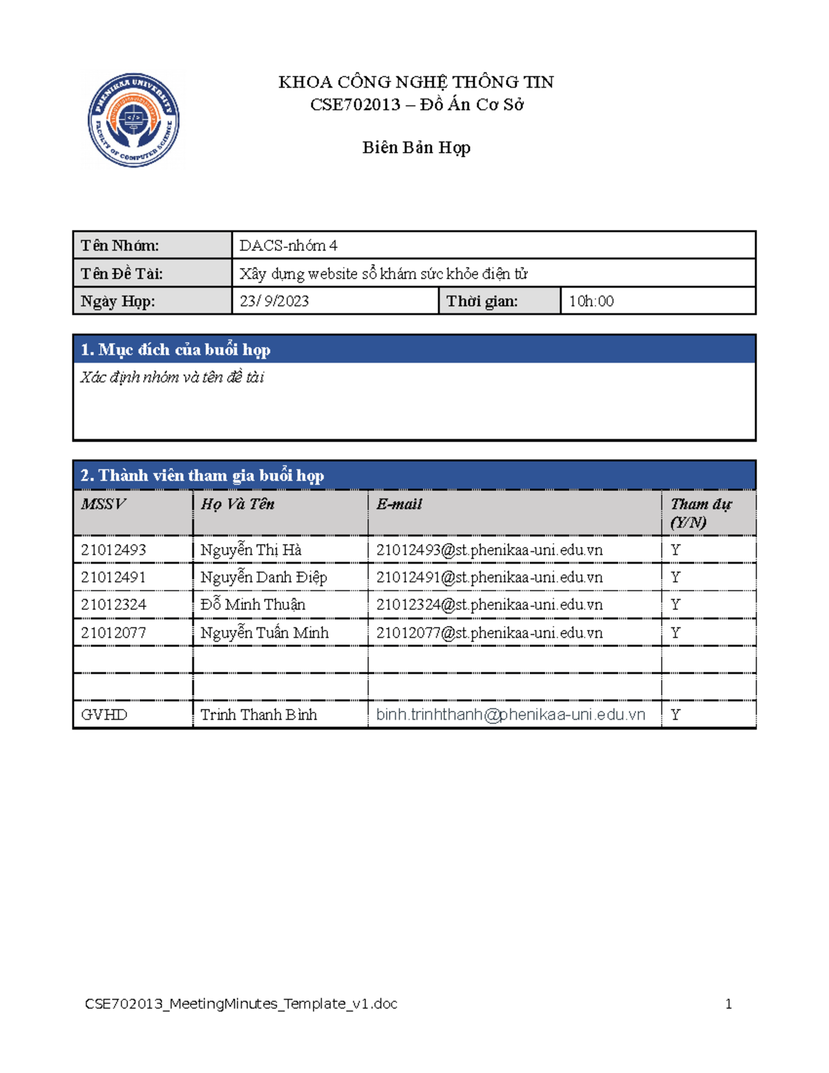CSE702013 Meeting Minutes Template VI V1 N4 - KHOA CÔNG NGHỆ THÔNG TIN ...