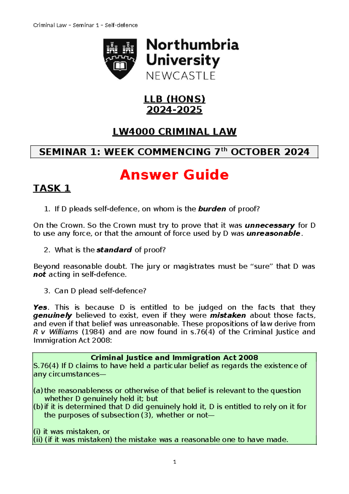 Criminal Law Seminar 1 LLB (HONS) - Week of 7th October 2024 Answer ...