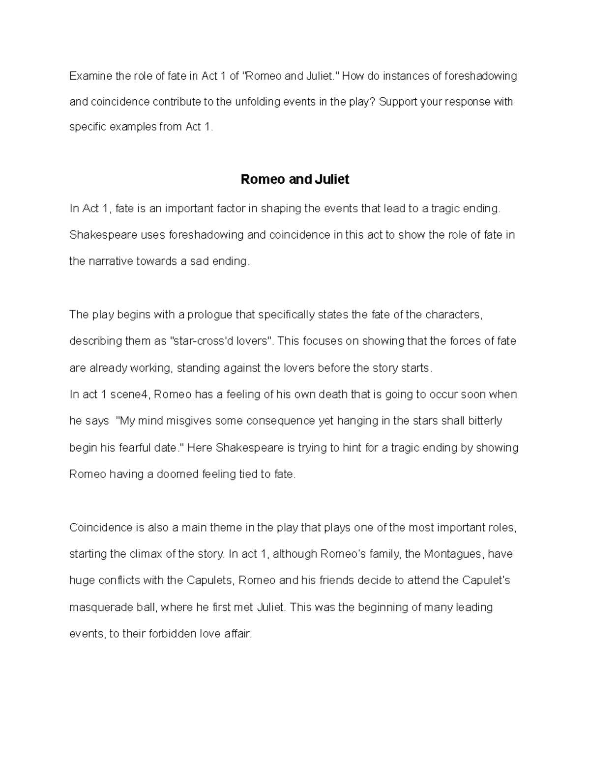 ENG 201: Fate and Foreshadowing in Act 1 of Romeo and Juliet Assignment ...