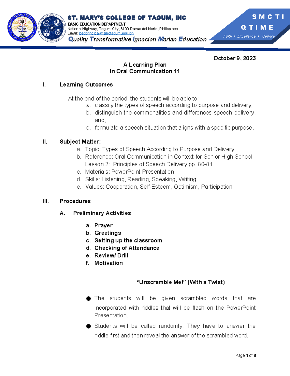 Grade 11 Oral Comm Lesson Plan: Types of Speech & Delivery Techniques ...