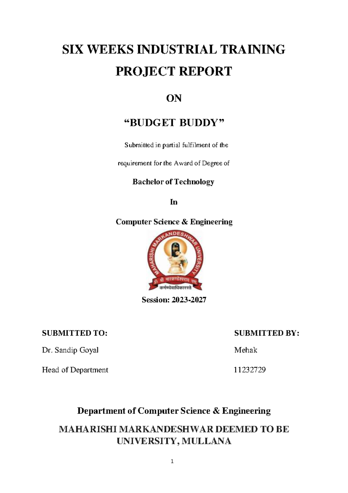 SIX WEEKS INDUSTRIAL TRAINING PROJECT REPORT ON BUDGET BUDDY (CSE ...