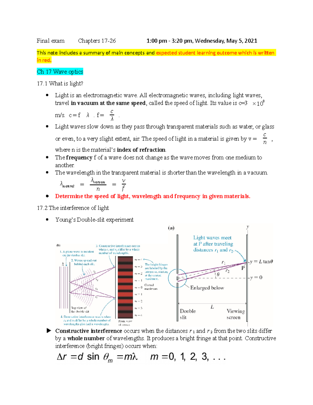 Physics II Final exam Study guide - Final exam Chapters 17-26 1:00 pm ...
