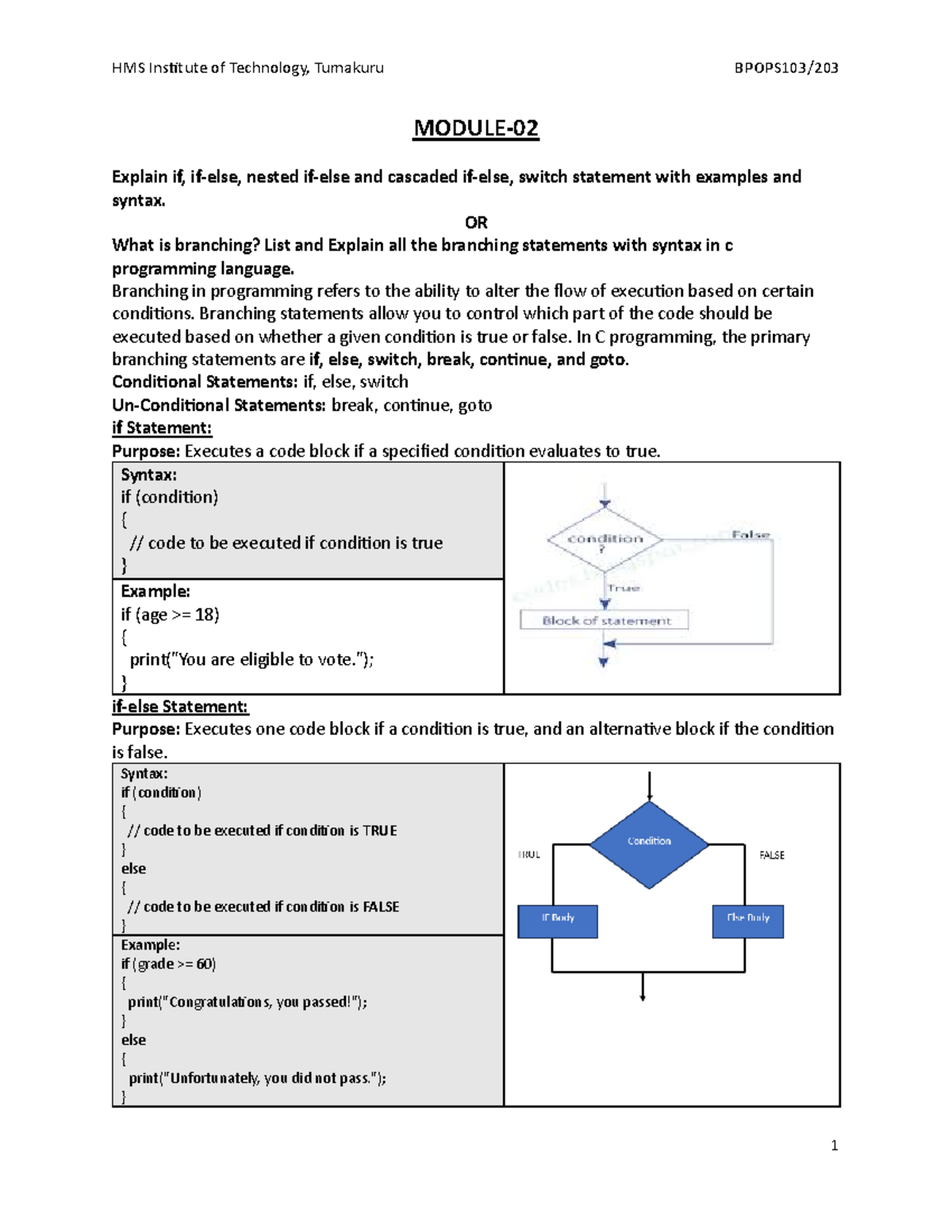 Module-2 C Programming: Branching and Control Flow Statements - Studocu