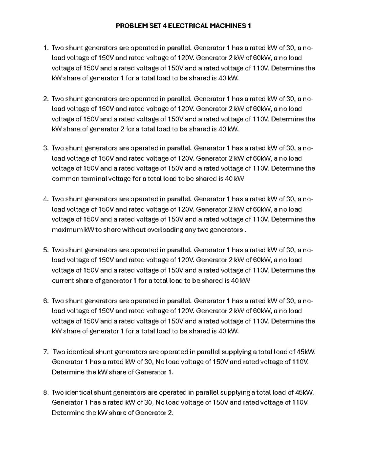 Problem Set 4: Parallel Operation of DC Generators - EM1 - Studocu