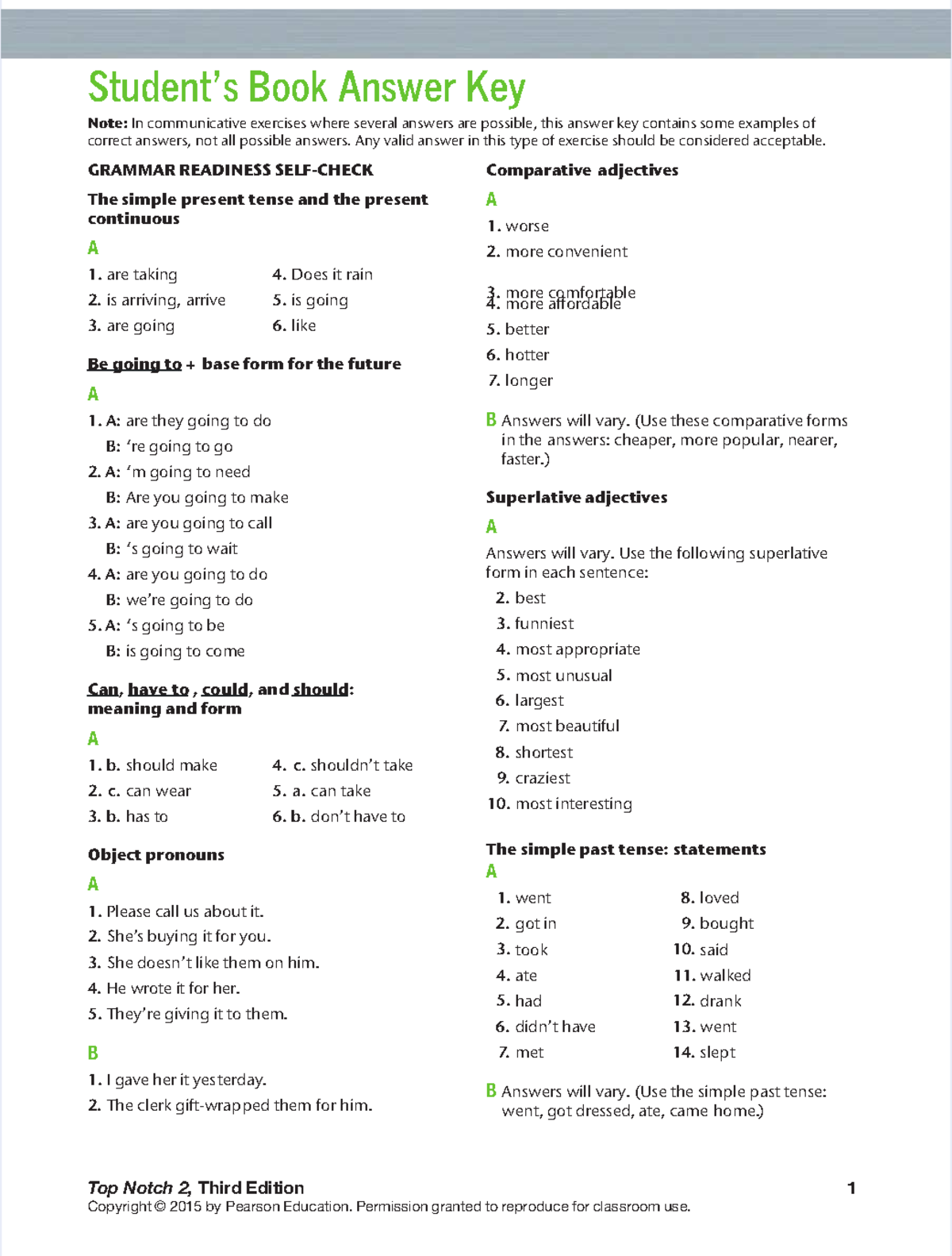 Top Notch 2 Third Edition Answer Key: Grammar & Practice Guide - Studocu