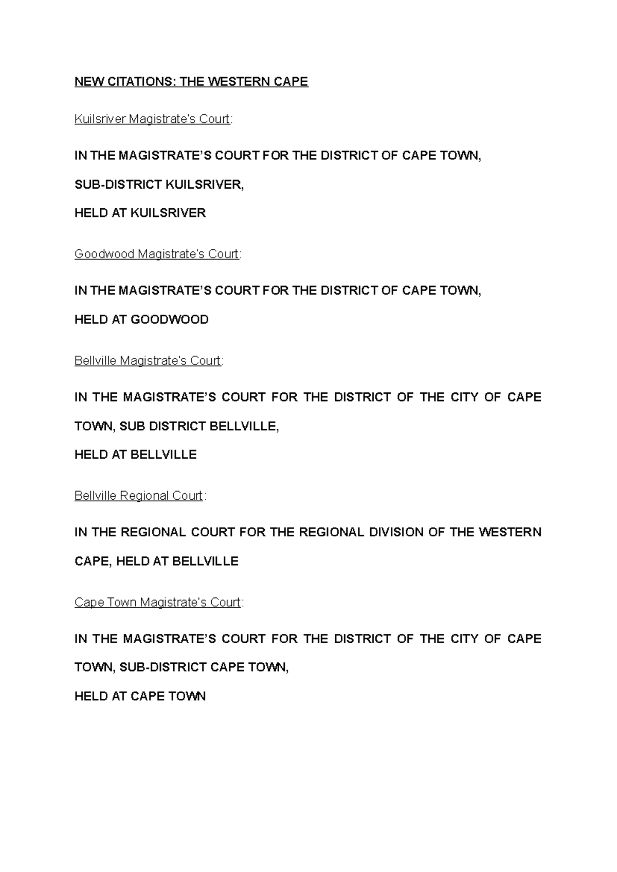 Citations from the Magistrate's Courts in Western Cape - Studocu