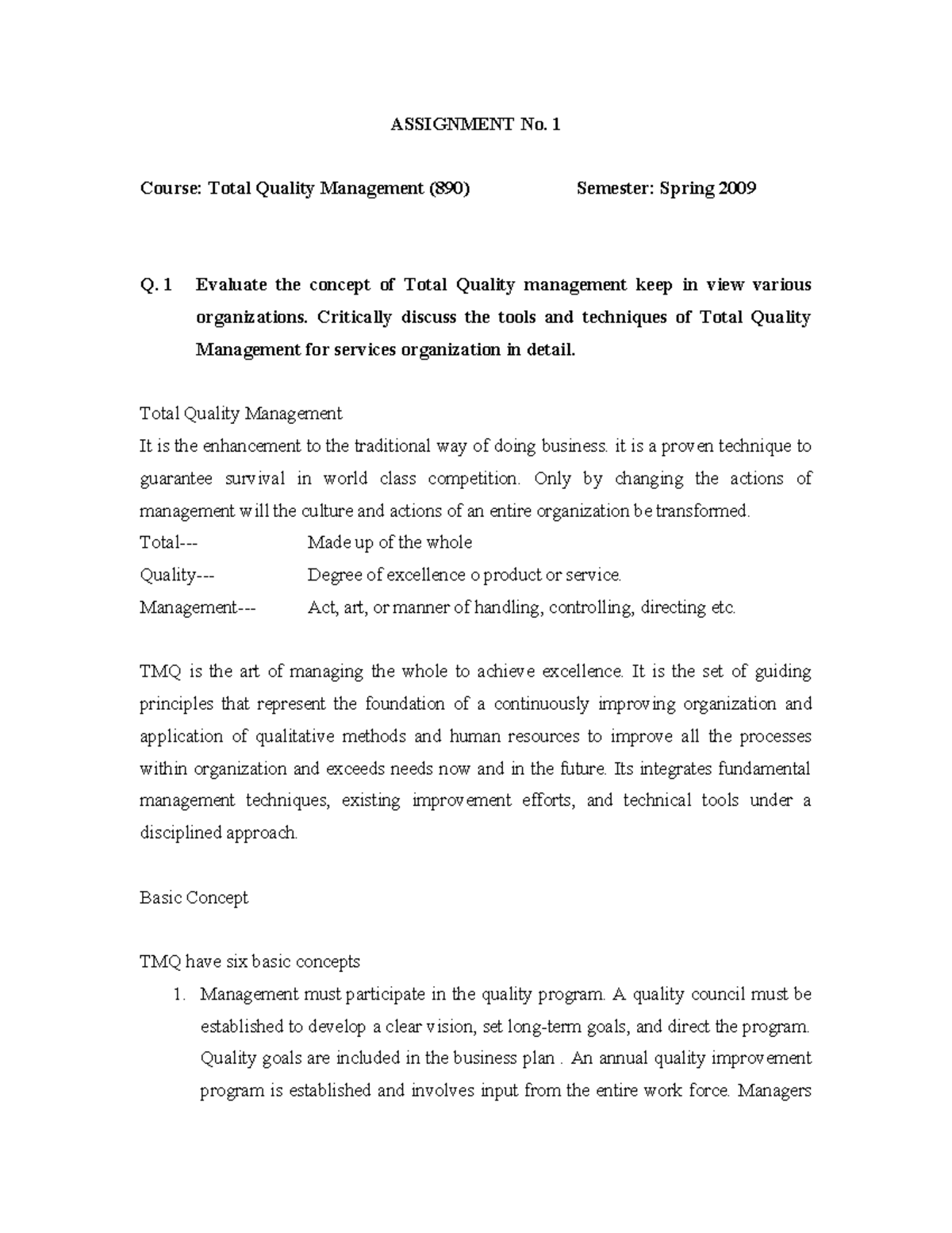Assignment No. 1: Total Quality Management (TQM) Concepts & Tools (890) - Studocu
