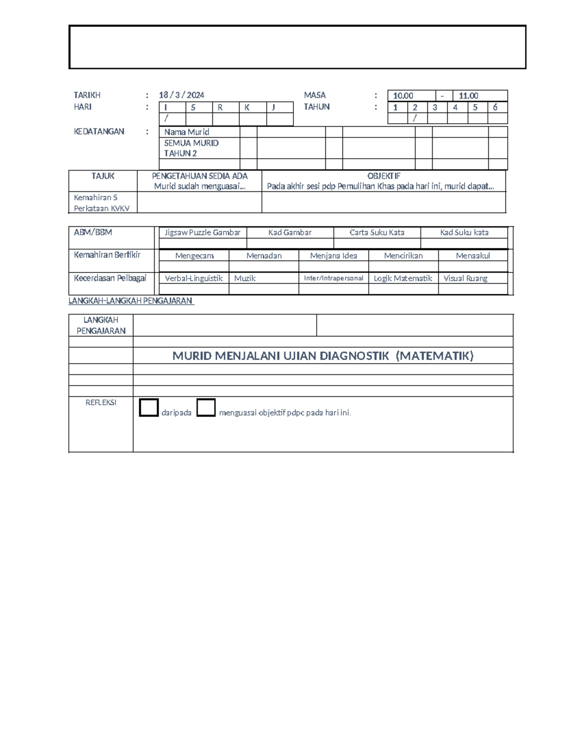 Rancangan Pengajaran Harian Pemulihan Matematik Tahun 2 (Minggu 2, 2024 ...