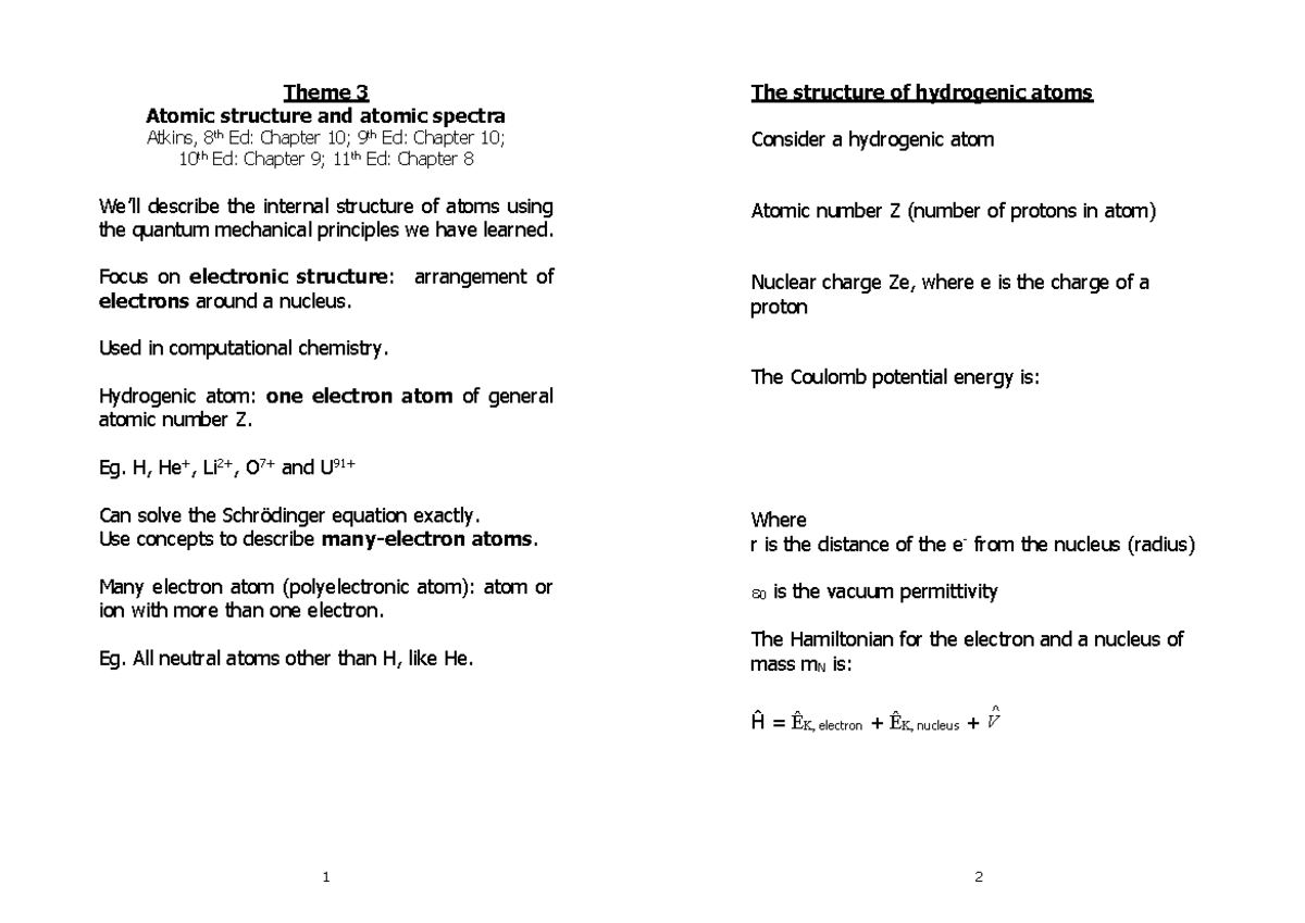 Theme 3: Atomic Structure & Spectra - Student Notes (Atkins, 8th Ed ...