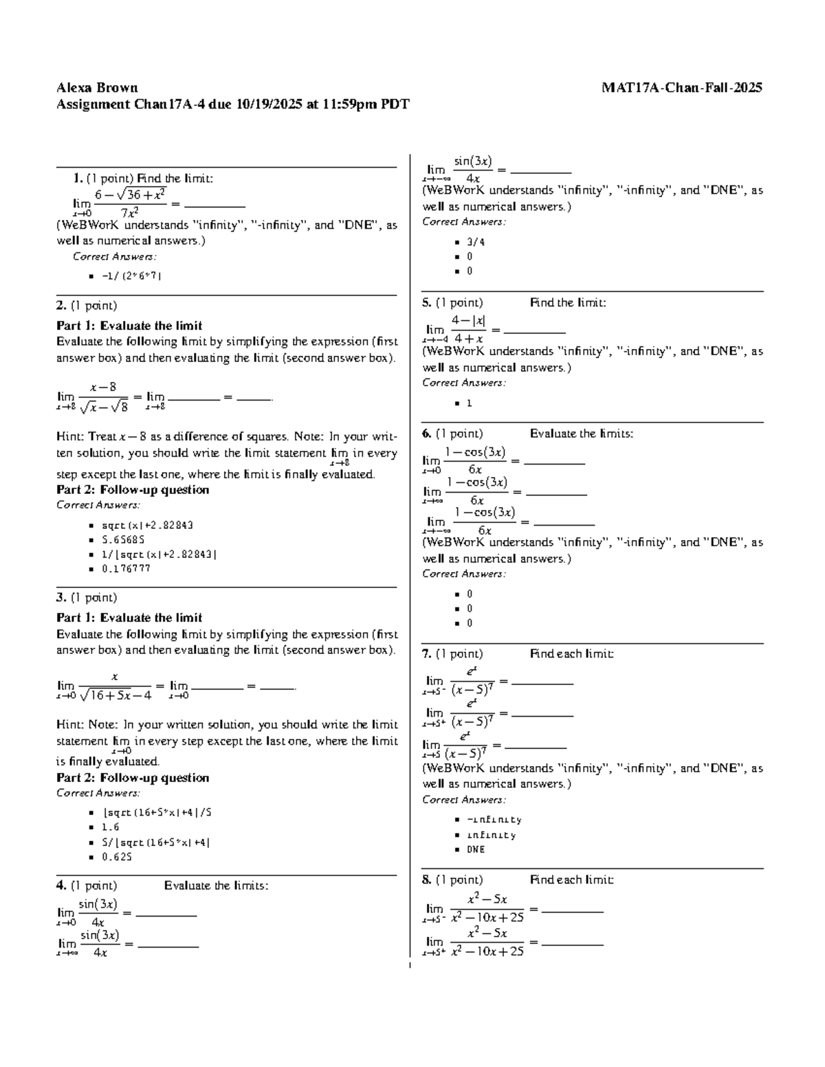 MAT17A Chan Fall 2025 - Limit Evaluation Practice Assignment - Studocu