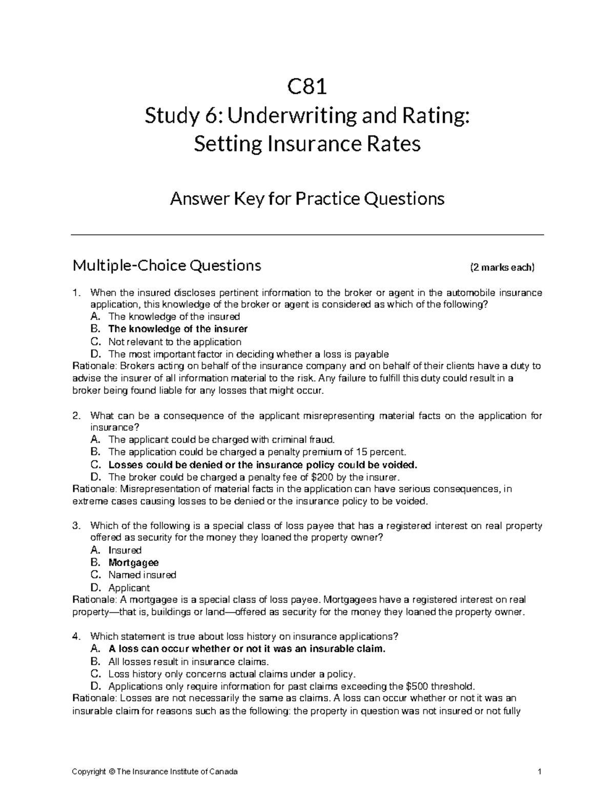 C81 Study 06: Underwriting & Rating - Insurance Rates Answer Key - Studocu
