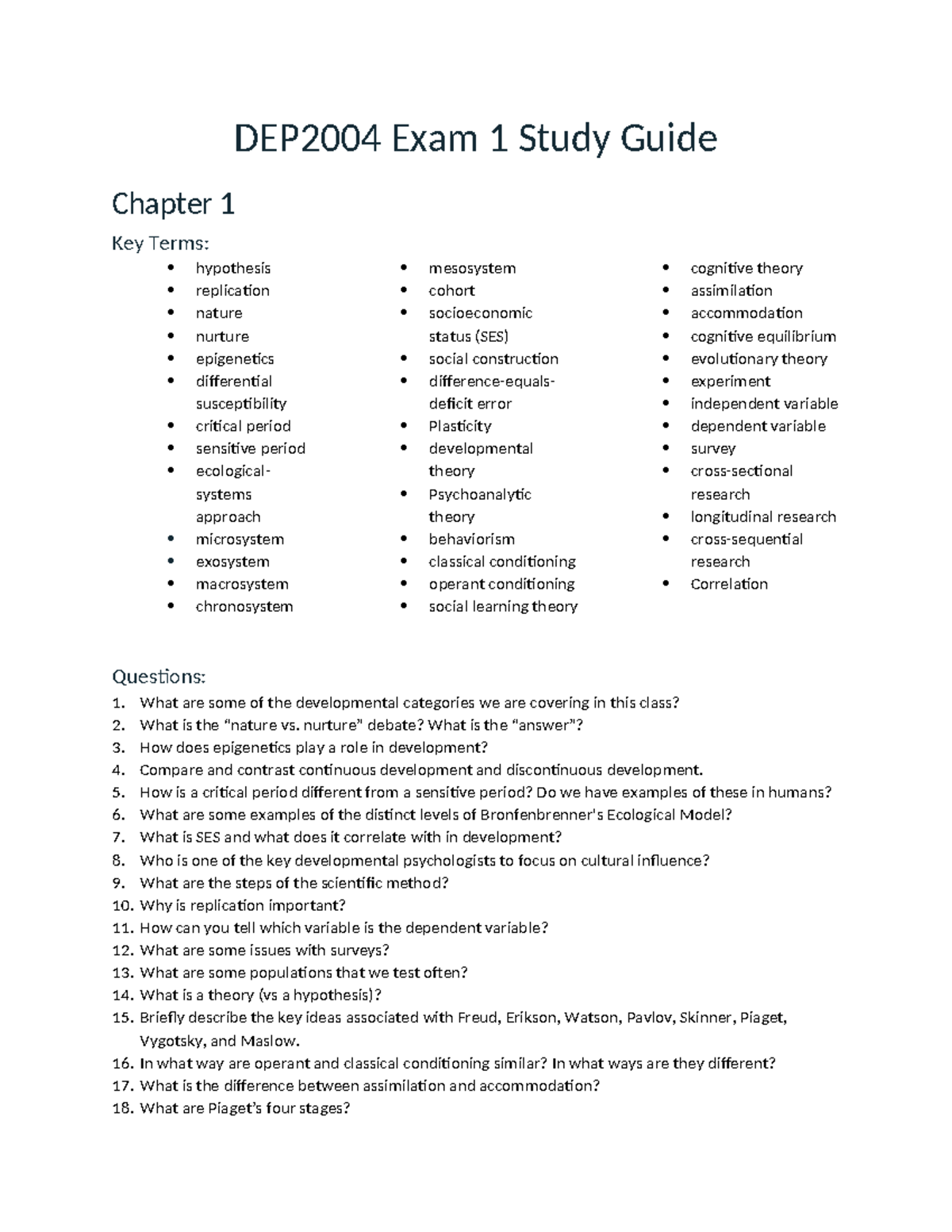 DEP2004 Exam 1 Study Guide: Key Concepts in Developmental Psychology ...